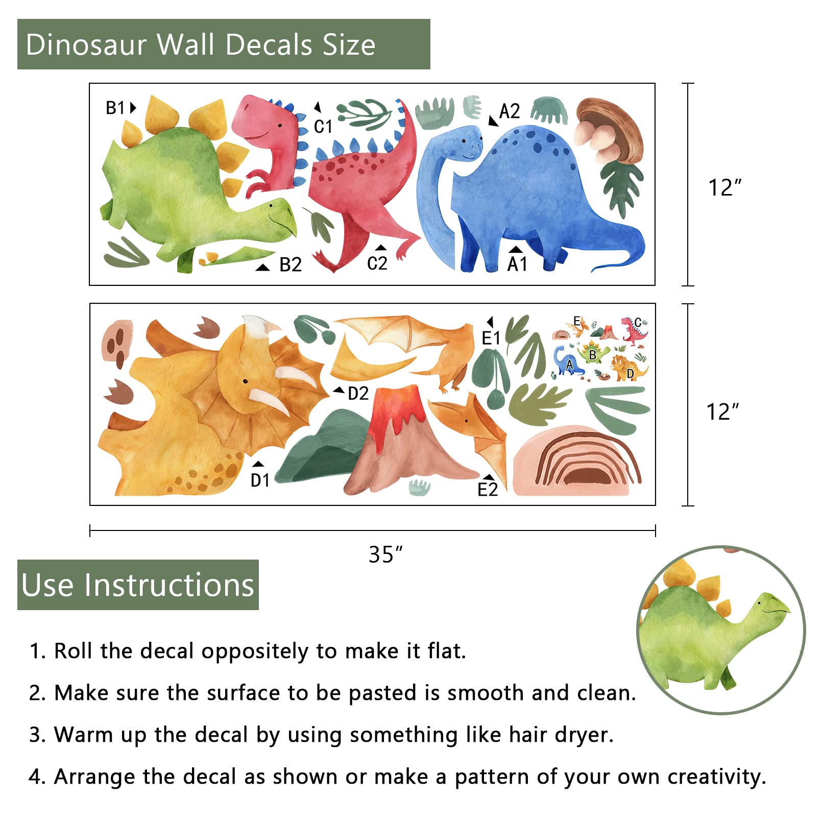 Yovkky Baby Dinosaur Wall Decals Stickers, Dino Volcano Cave Neutral Nursery Toddler Playroom Decor, Kids Room Home Decorations Girls Boys Bedroom Classroom Daycare Art