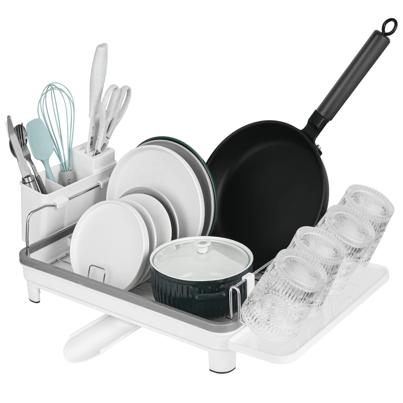 Claosmlda Dish Drying Rack, Dish Rack with Removable Utensil Holder, Multifunctional Stainless Steel Dish Racks for Kitchen Counter with Drainboard and Swivel Spout for Various Kitchenware(White)