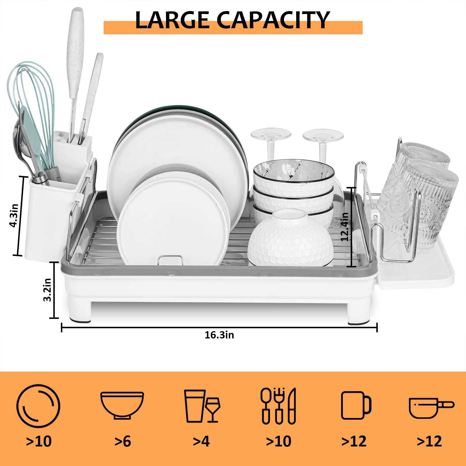 Claosmlda Dish Drying Rack, Dish Rack with Removable Utensil Holder, Multifunctional Stainless Steel Dish Racks for Kitchen Counter with Drainboard and Swivel Spout for Various Kitchenware(White)