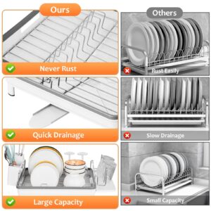 Claosmlda Dish Drying Rack, Dish Rack with Removable Utensil Holder, Multifunctional Stainless Steel Dish Racks for Kitchen Counter with Drainboard and Swivel Spout for Various Kitchenware(White)