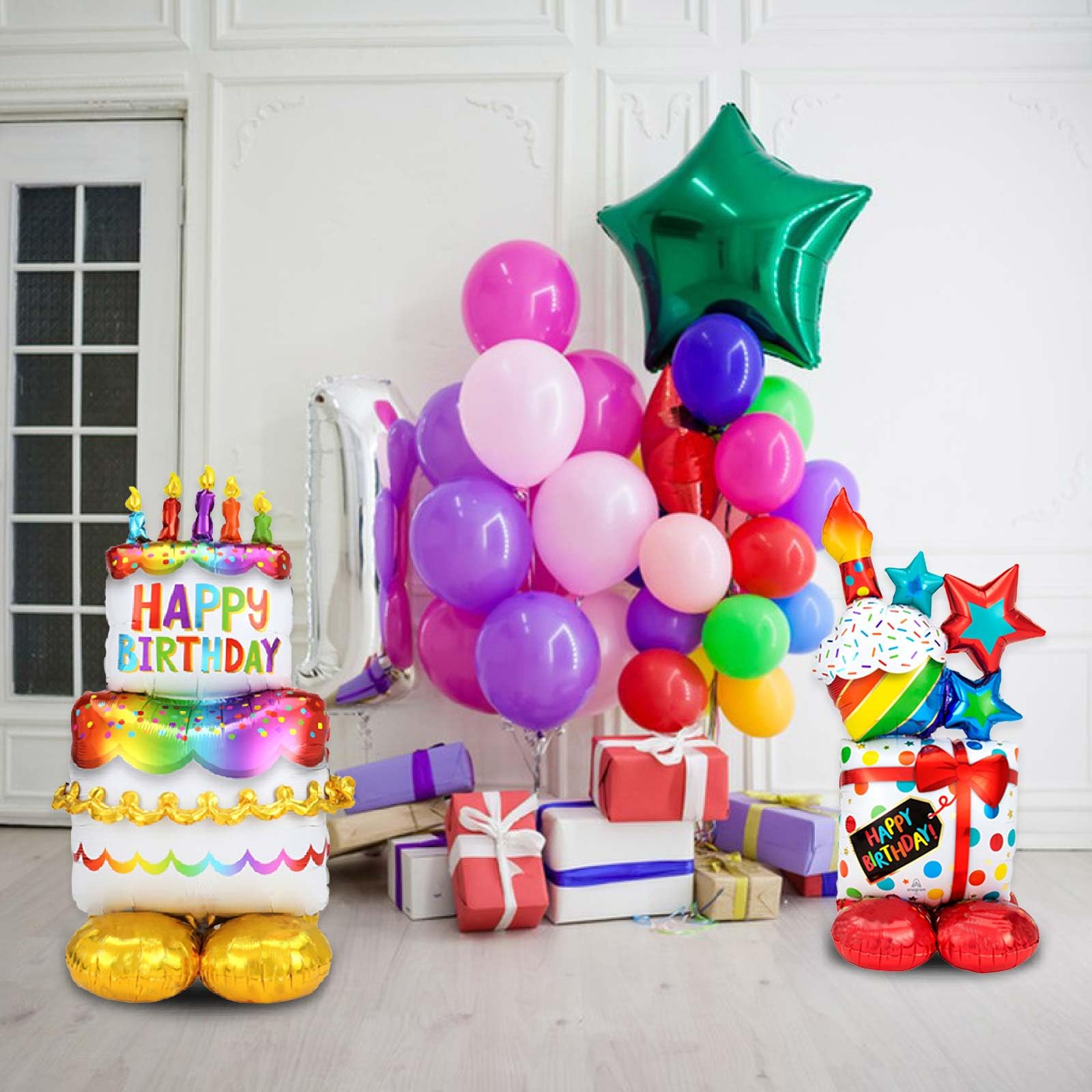 Happy Birthday Balloon, 2 Pcs Standing Happy Birthday Balloons 36 Inch, Thickened Large Happy Birthday Foil Mylar Balloon for Birthday Party Baby Shower Decorations Supplies (Cake and Box Shape)