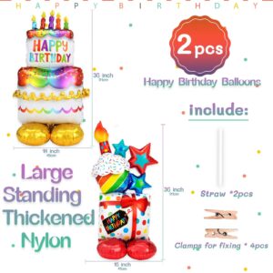 Happy Birthday Balloon, 2 Pcs Standing Happy Birthday Balloons 36 Inch, Thickened Large Happy Birthday Foil Mylar Balloon for Birthday Party Baby Shower Decorations Supplies (Cake and Box Shape)