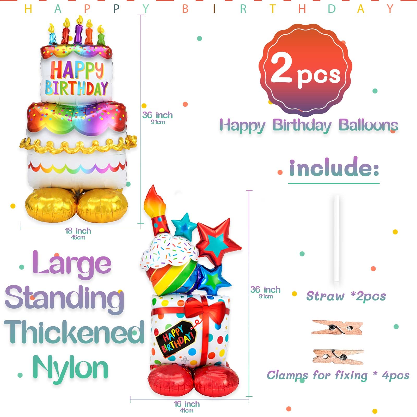 Happy Birthday Balloon, 2 Pcs Standing Happy Birthday Balloons 36 Inch, Thickened Large Happy Birthday Foil Mylar Balloon for Birthday Party Baby Shower Decorations Supplies (Cake and Box Shape)