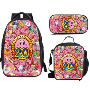 ikbagvbk 3 piece kirby game kids backpack set,kerbe schoolbag and lunch bag & pencil case set for boys girls school supplies bookbag