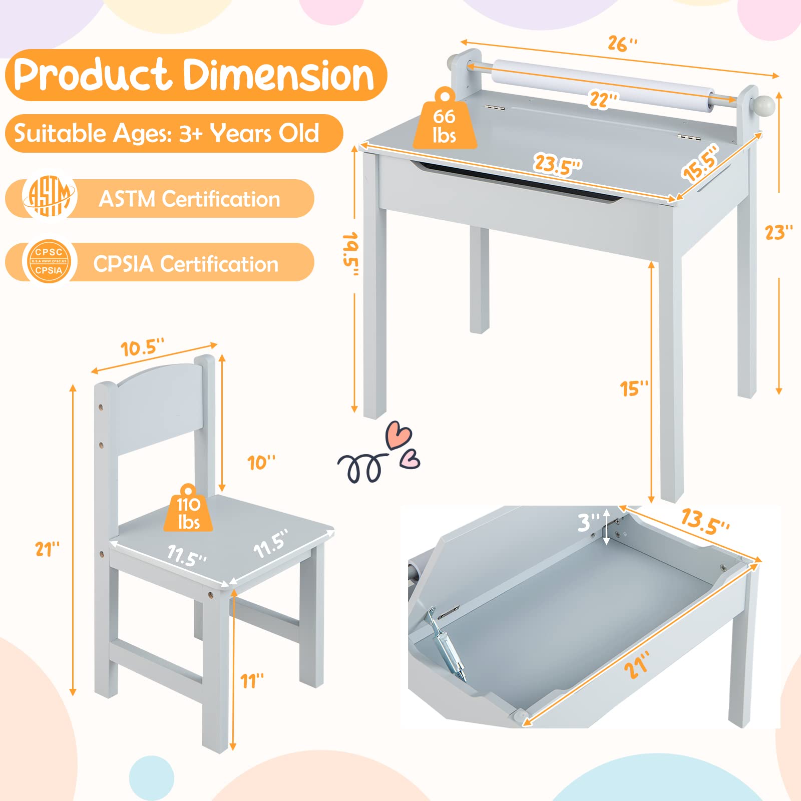 Costzon Kids Table and Chair Set, Flip Top Kids Art Craft Table w/Chair for Playroom Kindergarten, Toddler Drawing Writing Desk Set w/Paper Roll & 2 Markers, Gift for Boys Girls Ages 3+ (Gray)