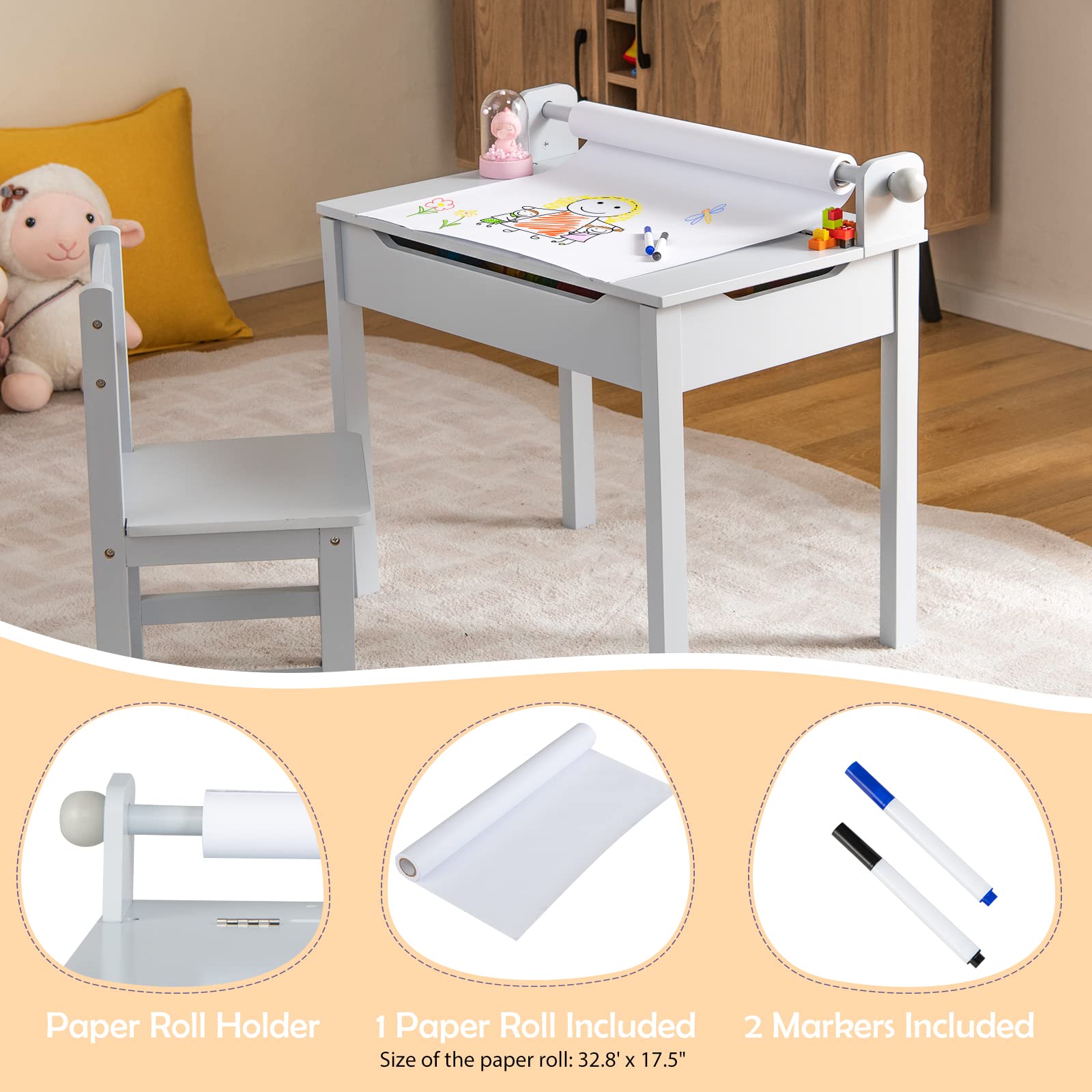 Costzon Kids Table and Chair Set, Flip Top Kids Art Craft Table w/Chair for Playroom Kindergarten, Toddler Drawing Writing Desk Set w/Paper Roll & 2 Markers, Gift for Boys Girls Ages 3+ (Gray)