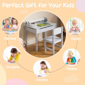 Costzon Kids Table and Chair Set, Flip Top Kids Art Craft Table w/Chair for Playroom Kindergarten, Toddler Drawing Writing Desk Set w/Paper Roll & 2 Markers, Gift for Boys Girls Ages 3+ (Gray)