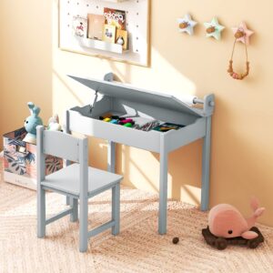 Costzon Kids Table and Chair Set, Flip Top Kids Art Craft Table w/Chair for Playroom Kindergarten, Toddler Drawing Writing Desk Set w/Paper Roll & 2 Markers, Gift for Boys Girls Ages 3+ (Gray)