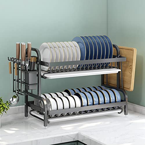 Hilengy Small Dish Drying Rack, 2-Tier Dishrack Compact Drainboard Set, Rust-Proof Drainer with Utensil Cutting Board Holder for Kitchen Organizations