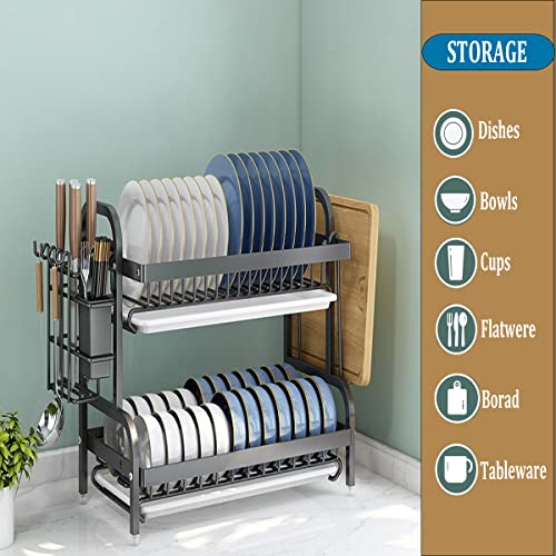 Hilengy Small Dish Drying Rack, 2-Tier Dishrack Compact Drainboard Set, Rust-Proof Drainer with Utensil Cutting Board Holder for Kitchen Organizations