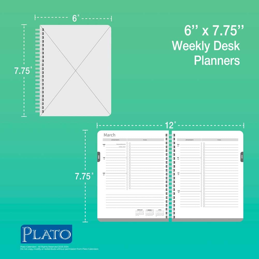 Ebony & Ivory | 2024 6 x 7.75 Inch 18 Months Weekly Desk Planner | Foil Stamped Cover | July 2023 - December 2024 | Plato | Stationery Planning