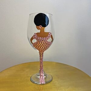 Diva Wine Glass, Large 20oz Decorated Wine Glass, Black Woman Drinking Glass, Gift Favours, Gift Favors, Unique Birthday Gift, Brown Girl with Afro on Wine Glass (Pink)