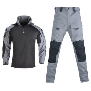 HAN·WILD Men's Tactical Suit Combat Pants and Shirts with Hood Military Uniform Airsoft Clothing with Knee Pads（GRAY）