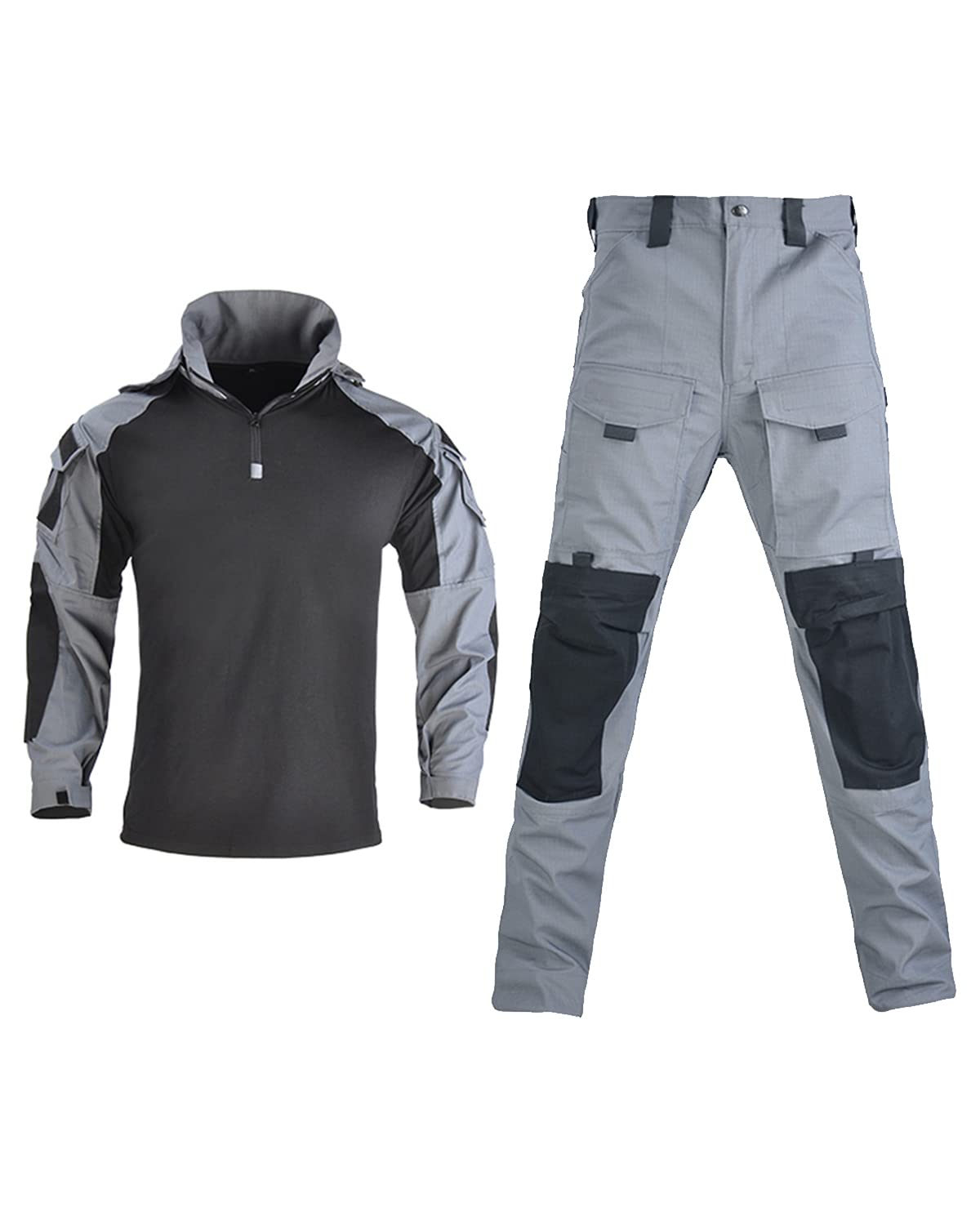 HAN·WILD Men's Tactical Suit Combat Pants and Shirts with Hood Military Uniform Airsoft Clothing with Knee Pads（GRAY）