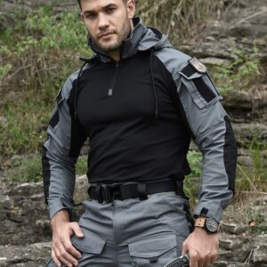 HAN·WILD Men's Tactical Suit Combat Pants and Shirts with Hood Military Uniform Airsoft Clothing with Knee Pads（GRAY）