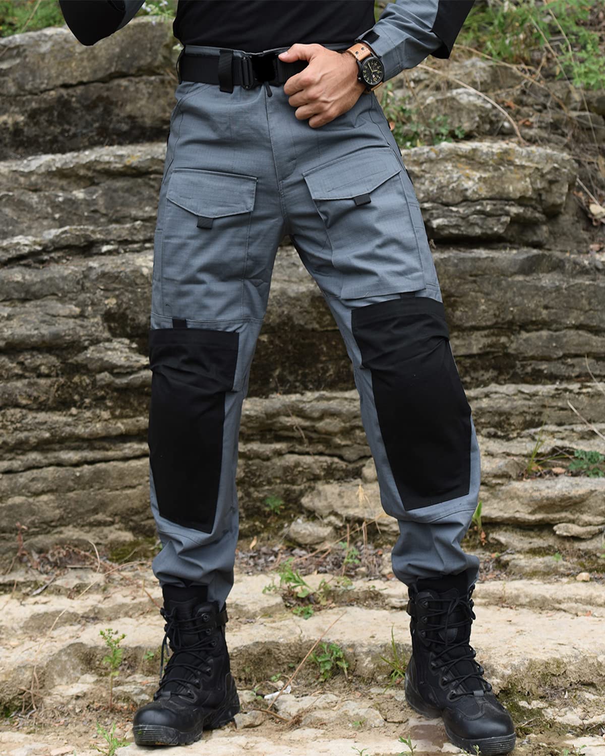 HAN·WILD Men's Tactical Suit Combat Pants and Shirts with Hood Military Uniform Airsoft Clothing with Knee Pads（GRAY）