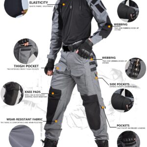 HAN·WILD Men's Tactical Suit Combat Pants and Shirts with Hood Military Uniform Airsoft Clothing with Knee Pads（GRAY）