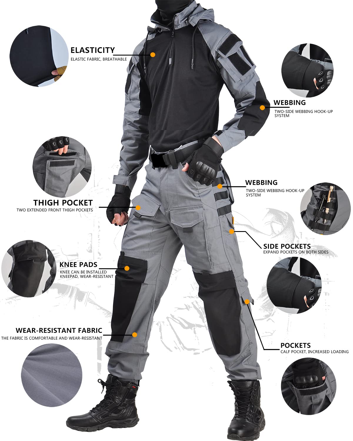 HAN·WILD Men's Tactical Suit Combat Pants and Shirts with Hood Military Uniform Airsoft Clothing with Knee Pads（GRAY）