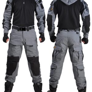 HAN·WILD Men's Tactical Suit Combat Pants and Shirts with Hood Military Uniform Airsoft Clothing with Knee Pads（GRAY）