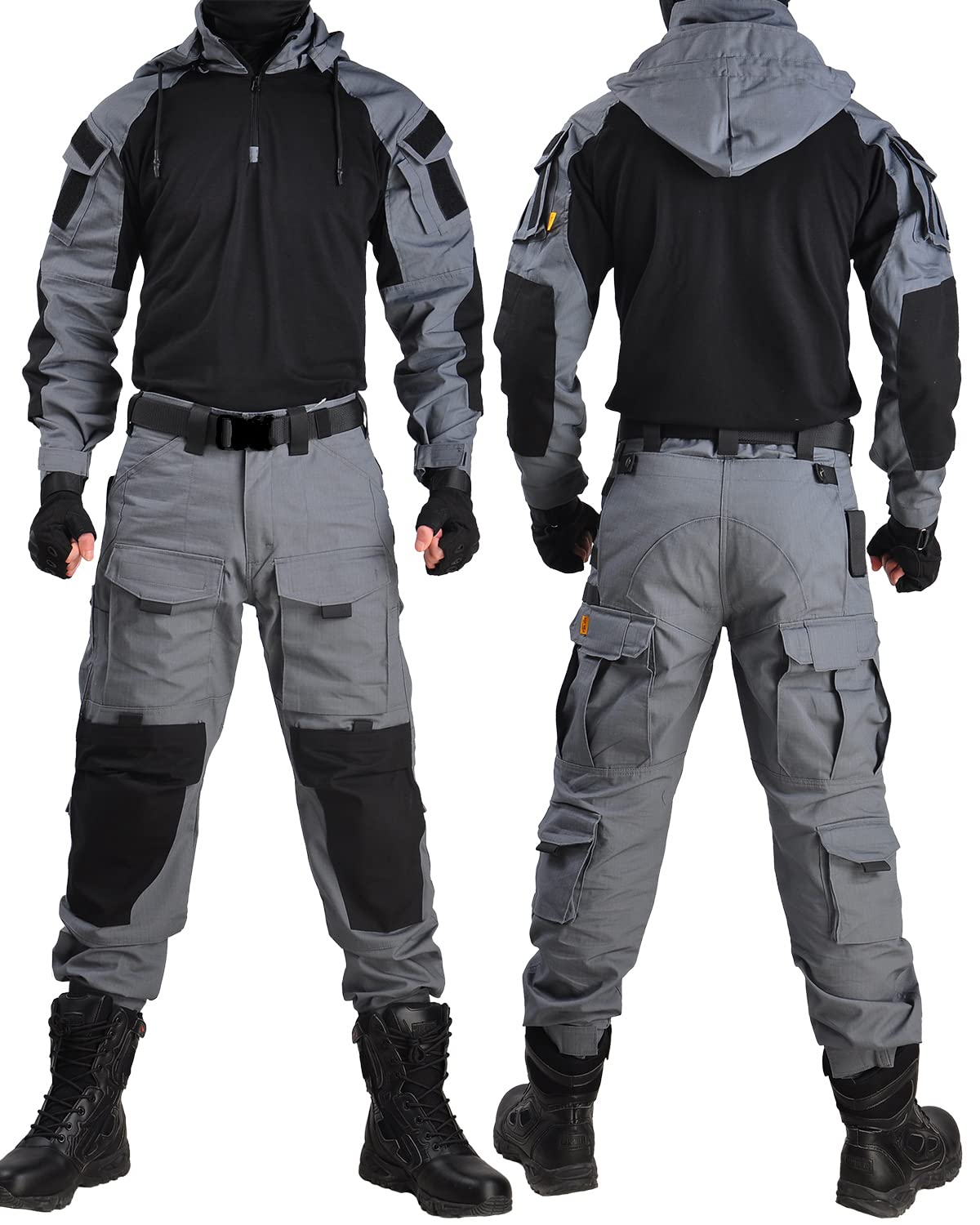 HAN·WILD Men's Tactical Suit Combat Pants and Shirts with Hood Military Uniform Airsoft Clothing with Knee Pads（GRAY）