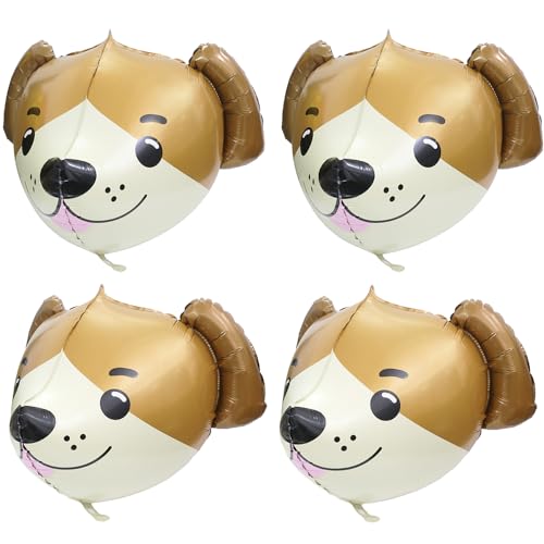 4D Animal Dog Head Shaped Balloons Pet Dog Balloons Doggy Party Supplies Puppy Birthday Decorations Baby Shower Balloon, 4 Pack 22'' Brown Cartoon Dog Aluminum Balloons Dog Head Mylar Foil Balloons