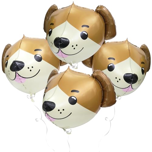 4D Animal Dog Head Shaped Balloons Pet Dog Balloons Doggy Party Supplies Puppy Birthday Decorations Baby Shower Balloon, 4 Pack 22'' Brown Cartoon Dog Aluminum Balloons Dog Head Mylar Foil Balloons