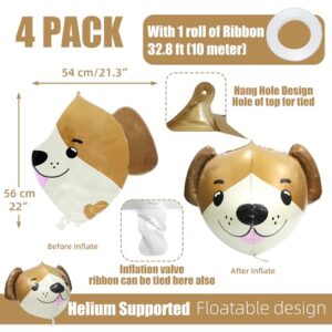 4D Animal Dog Head Shaped Balloons Pet Dog Balloons Doggy Party Supplies Puppy Birthday Decorations Baby Shower Balloon, 4 Pack 22'' Brown Cartoon Dog Aluminum Balloons Dog Head Mylar Foil Balloons