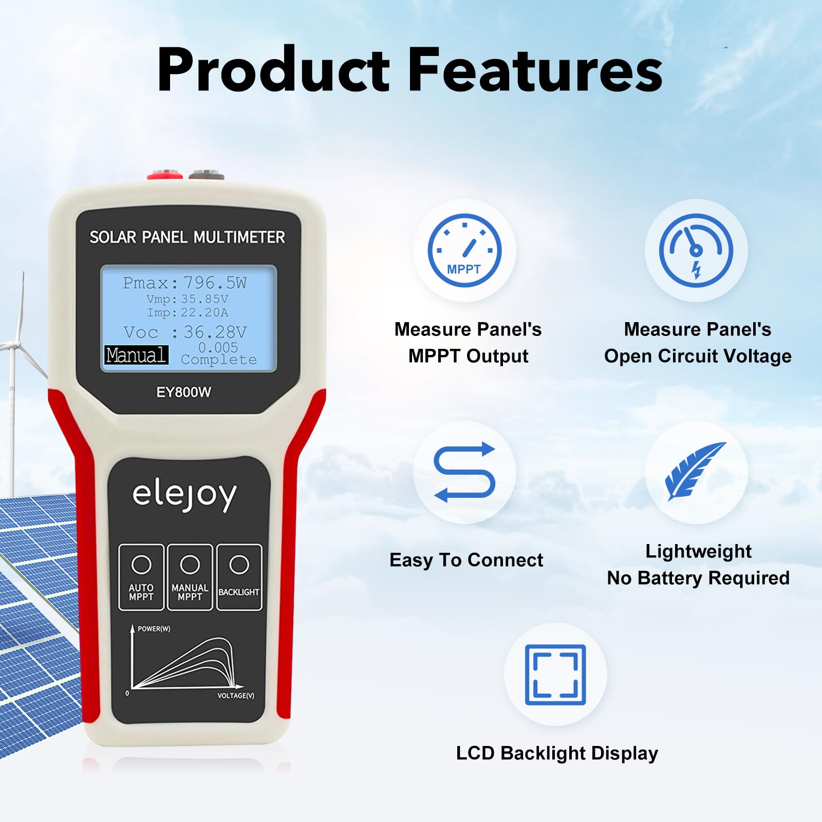 ELEJOY Solar Panel Multimeter Digital- Measure MPPT Power Output Rating, Open Circuit Voltage Smart Tester