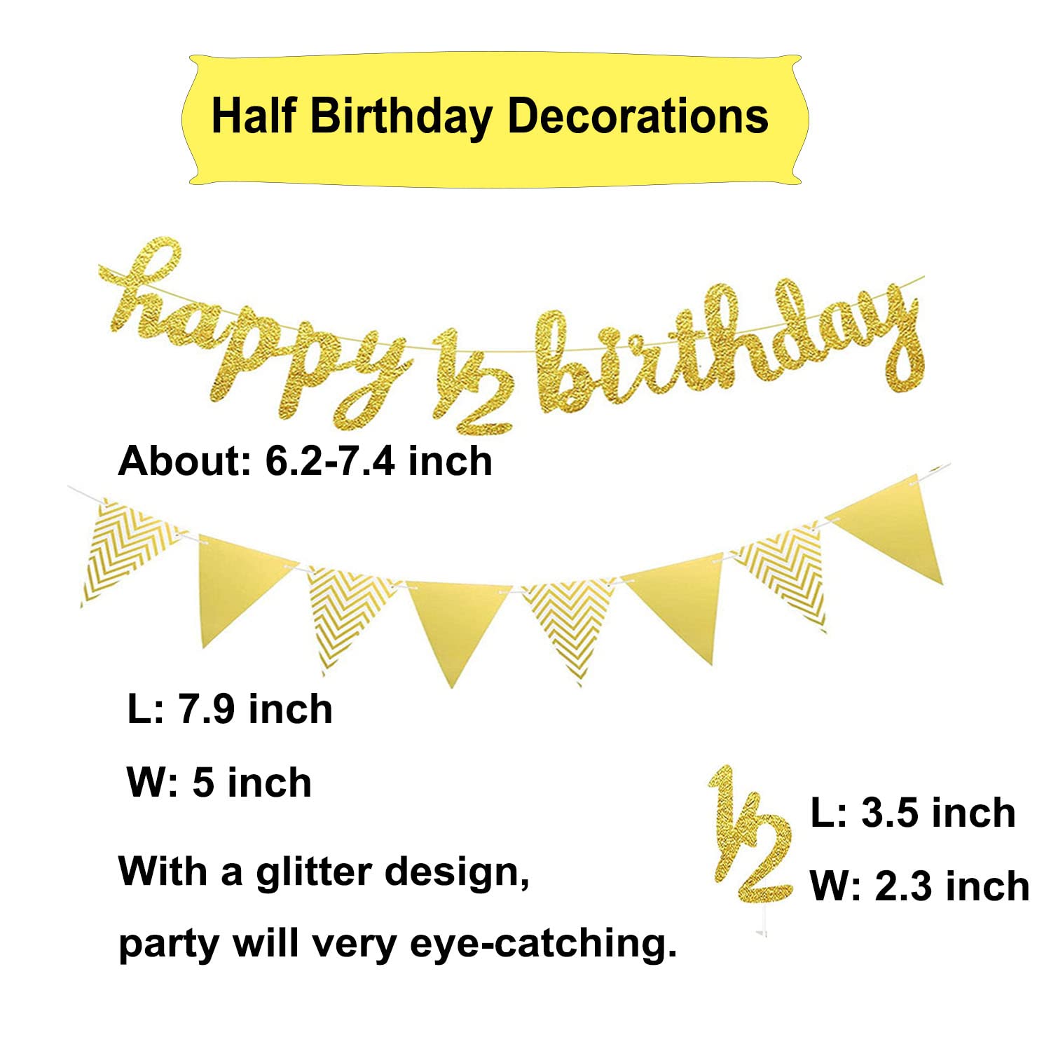 WoYous Half Birthday Decorations 6 Months Birthday Glitter Happy Half Birthday Banner 1/2 Birthday Decorations Set Cake Topper Triangle Flag Banner Confetti Balloons for Girl Boy Baby Shower (Golden)