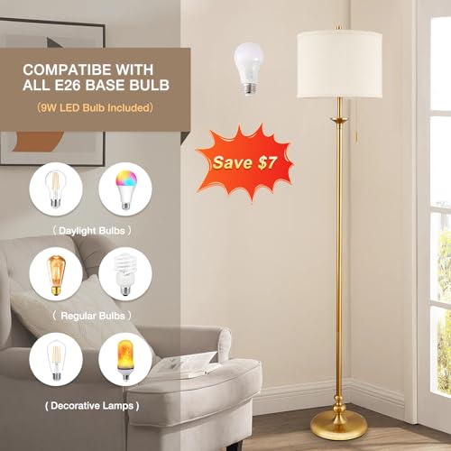 Luvkczc Modern Floor Lamp, 60" Standing Lamp for Living Room with Pull Chain Switch, Corner Tall Soft Lighting for Bedroom, Office, Dining Room, Farmhouse (Bulb Included),Gold