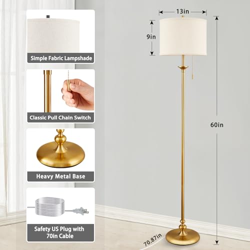 Luvkczc Modern Floor Lamp, 60" Standing Lamp for Living Room with Pull Chain Switch, Corner Tall Soft Lighting for Bedroom, Office, Dining Room, Farmhouse (Bulb Included),Gold