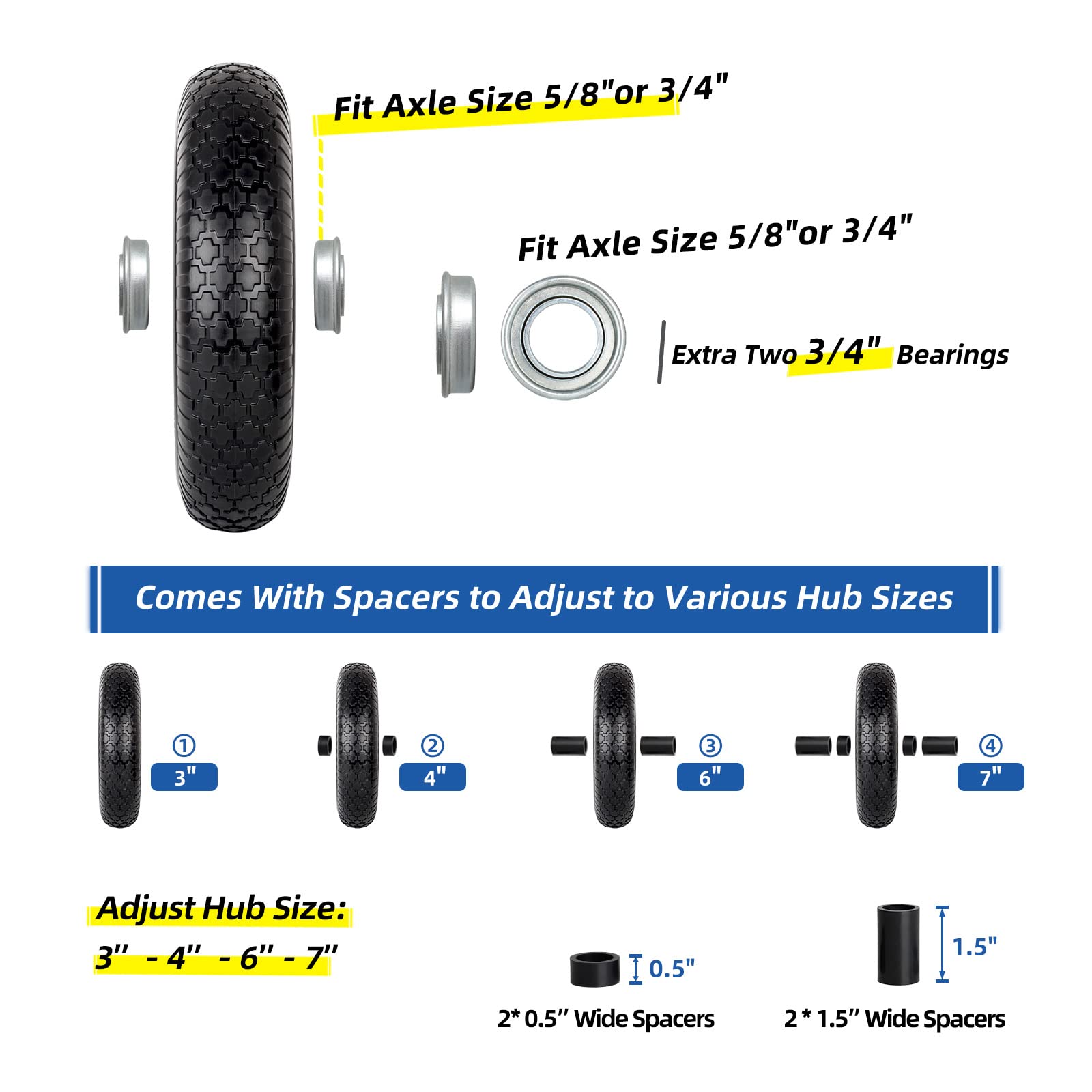 GICOOL 4.80/4.00-8" Wheelbarrow Tire, 16" Flat-Free Solid Tire and Wheel, 3-6" Centered Hub, 5/8" & 3/4" Bearing, For Broadcast Spreader Garden Wagon Cart Trolley Dolly Lawn Mover (1 Pack)