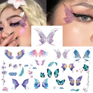 Glitter Butterfly Temporary Tattoos Stickers for Girls, Waterproof Body Stickers Fairy Wings Flowers Waterproof Fake Tattoo Decorations for Kids Women Face Makeup Birthday Party Favors Goodie