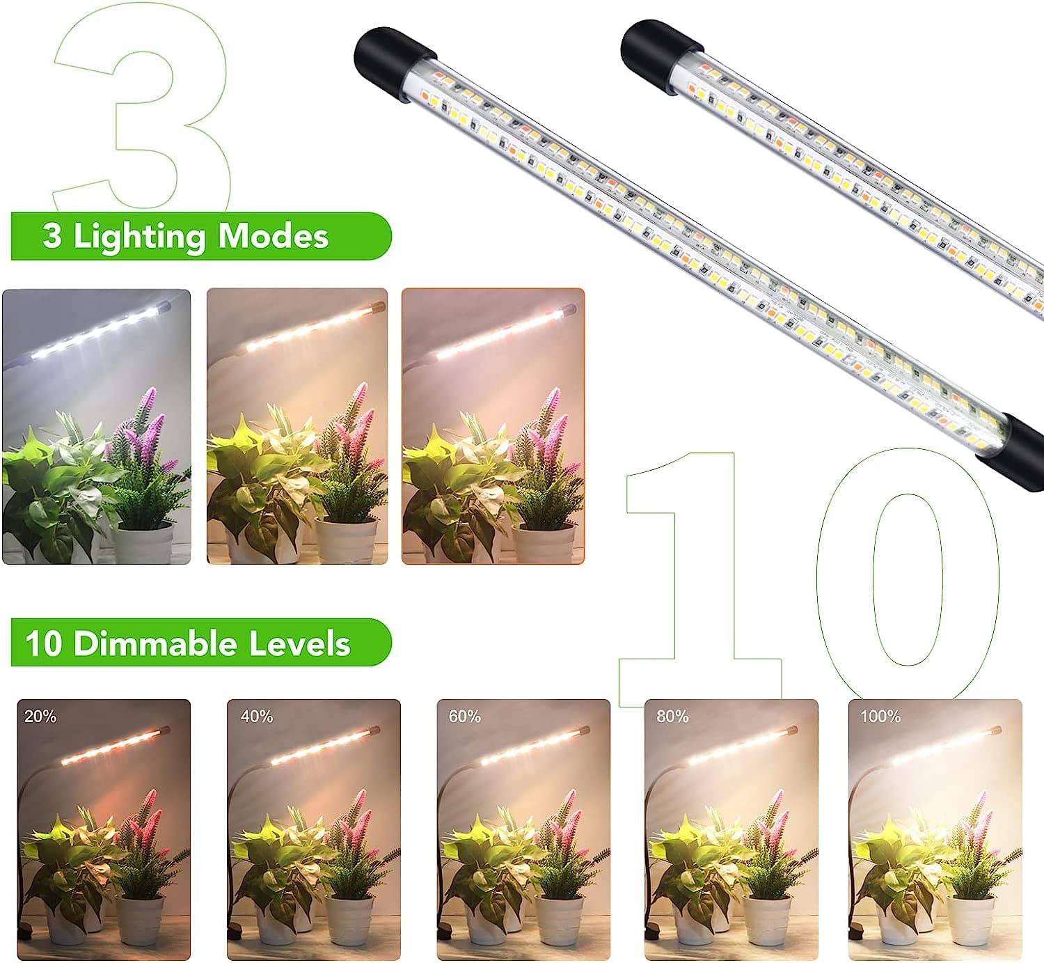 LPMZMBL 2 Heads Full Spectrum Plant Grow Lights for Indoor Plants with 10 Feet Cables,10 Dimmable Levels and 3/9/12H Timer(Pack of 2)