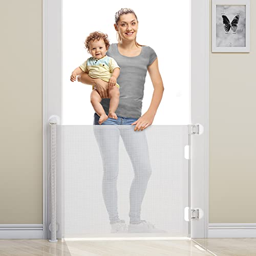 Punch-Free Retractable Baby Gates, BabyBond 33 * 55 inches Extra Wide Baby Gate for Stairs Suitable for Kids or Pets Indoor and Outdoor Dog Gates for Doorways, Stairs, Hallways, White