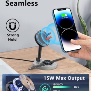 Magnetic Wireless Charger Stand for Mag-Safe Charger, Foldable 15W Fast Wireless Charging Station, 2-in-1 Charging Stand Dock for Apple iPhone 15/14/13/12/Pro/Apple Watch/AirPods 2/ Pro