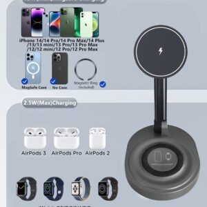 Magnetic Wireless Charger Stand for Mag-Safe Charger, Foldable 15W Fast Wireless Charging Station, 2-in-1 Charging Stand Dock for Apple iPhone 15/14/13/12/Pro/Apple Watch/AirPods 2/ Pro