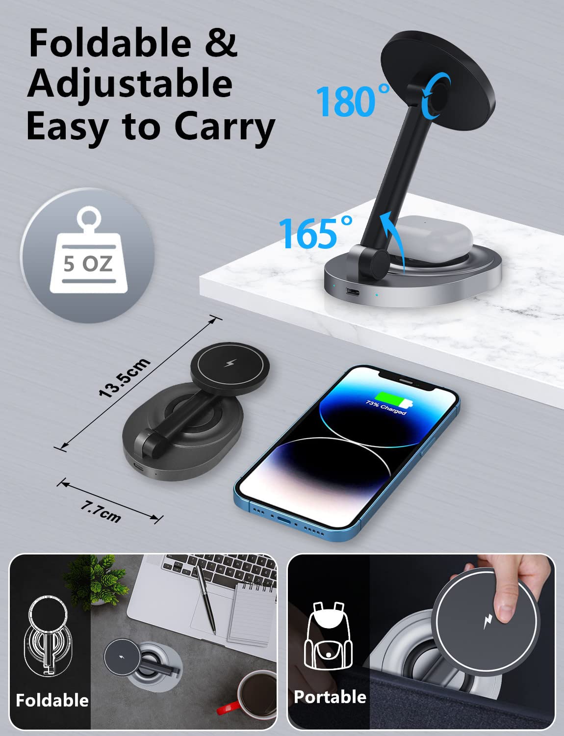 Magnetic Wireless Charger Stand for Mag-Safe Charger, Foldable 15W Fast Wireless Charging Station, 2-in-1 Charging Stand Dock for Apple iPhone 15/14/13/12/Pro/Apple Watch/AirPods 2/ Pro