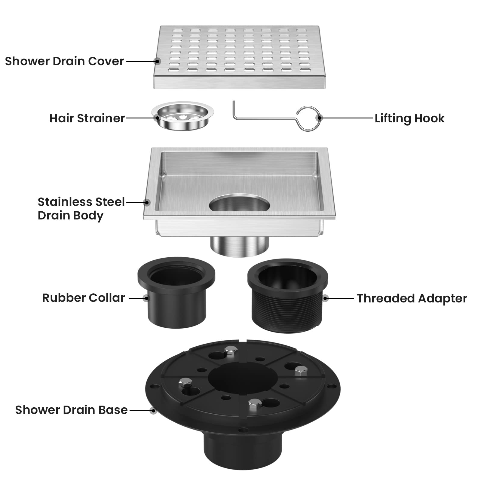 Bmvlffs 6 Inch Square Shower Drain Brushed Nickel, Shower Floor Drain Stainless Steel with Removable Grate Cover, Hair Strainer