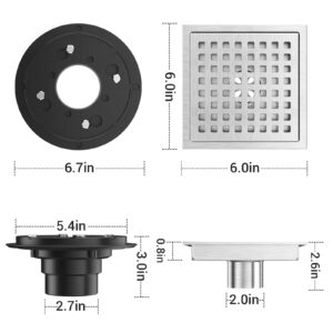 Bmvlffs 6 Inch Square Shower Drain Brushed Nickel, Shower Floor Drain Stainless Steel with Removable Grate Cover, Hair Strainer