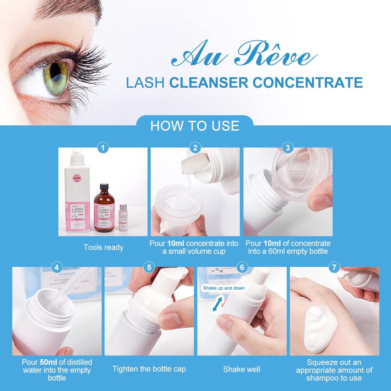 AuReve Lash Shampoo Concentrate 30ml Lash Cleanser Concentrate Add Hyaluronic Acid Oil-Free Lash Extension Shampoo Perfect for Salon，Unscented