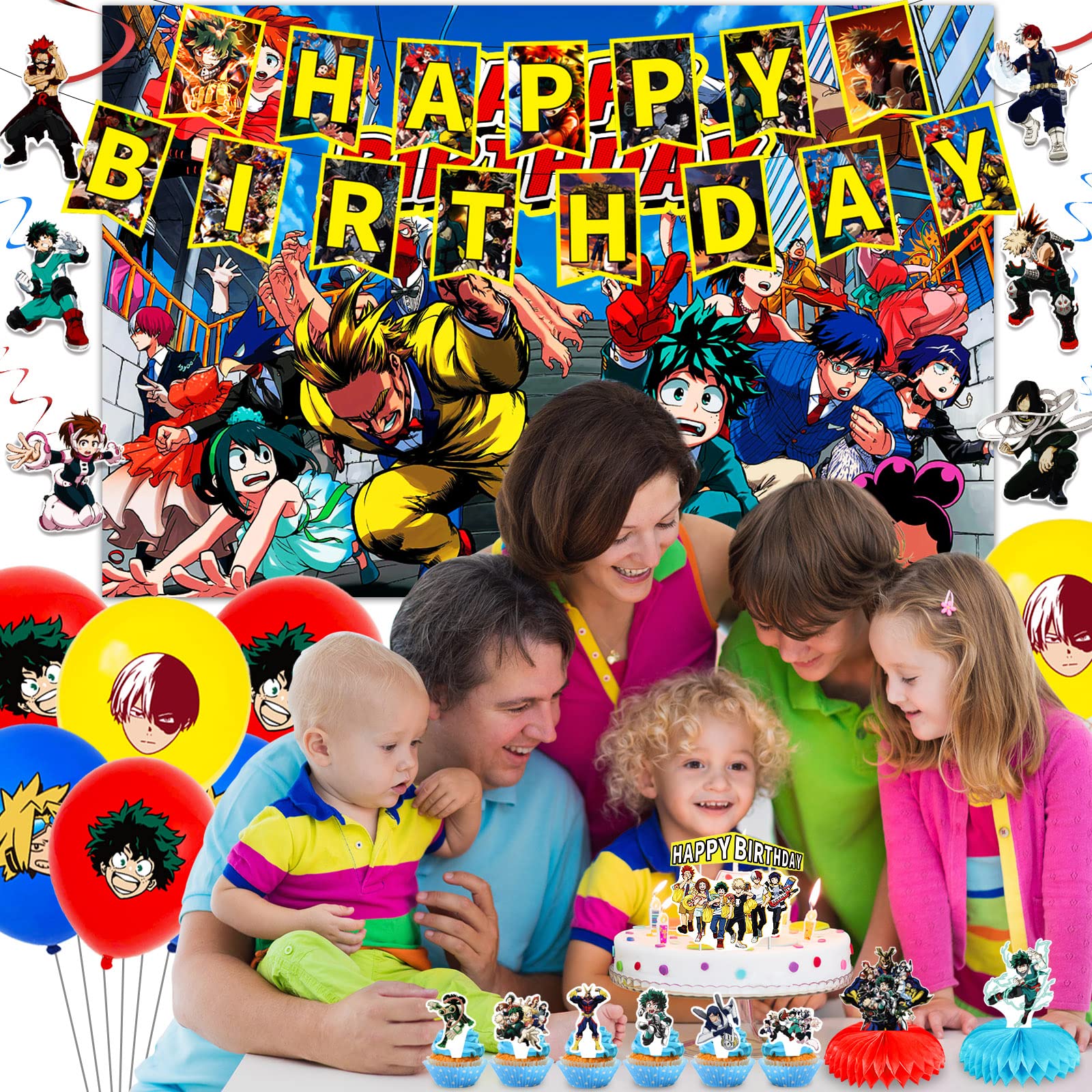 53Pcs Kids Birthday Party Supplies Decorations Include 1Pc 5*3FT Backdrop, 1Pc Banner, 6Pcs Hanging Swirls, 1Pc Cake Topper, 24Pcs Cupcake Toppers, 2Pcs Honeycomb Centerpieces, 18Pcs Latex Balloons