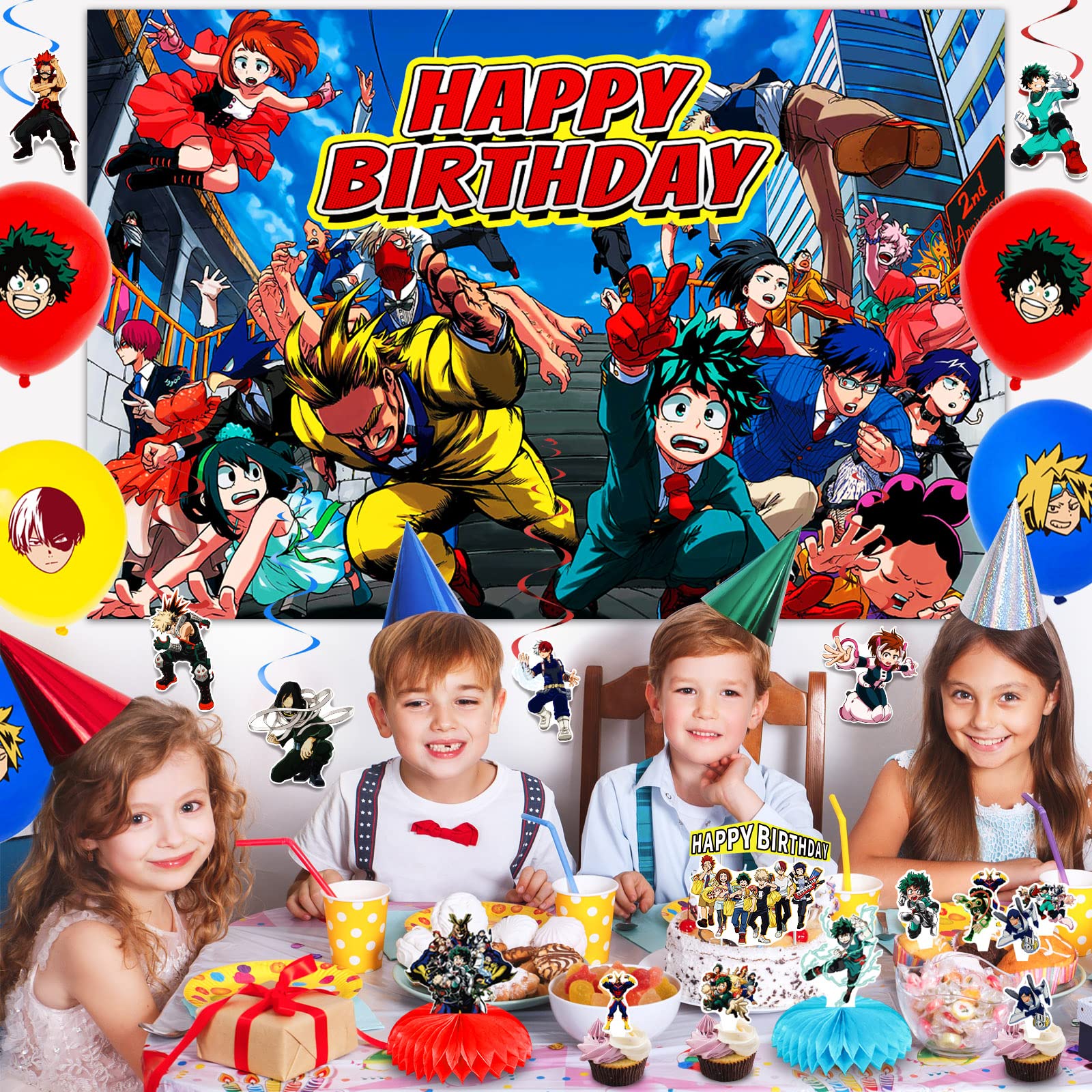 53Pcs Kids Birthday Party Supplies Decorations Include 1Pc 5*3FT Backdrop, 1Pc Banner, 6Pcs Hanging Swirls, 1Pc Cake Topper, 24Pcs Cupcake Toppers, 2Pcs Honeycomb Centerpieces, 18Pcs Latex Balloons