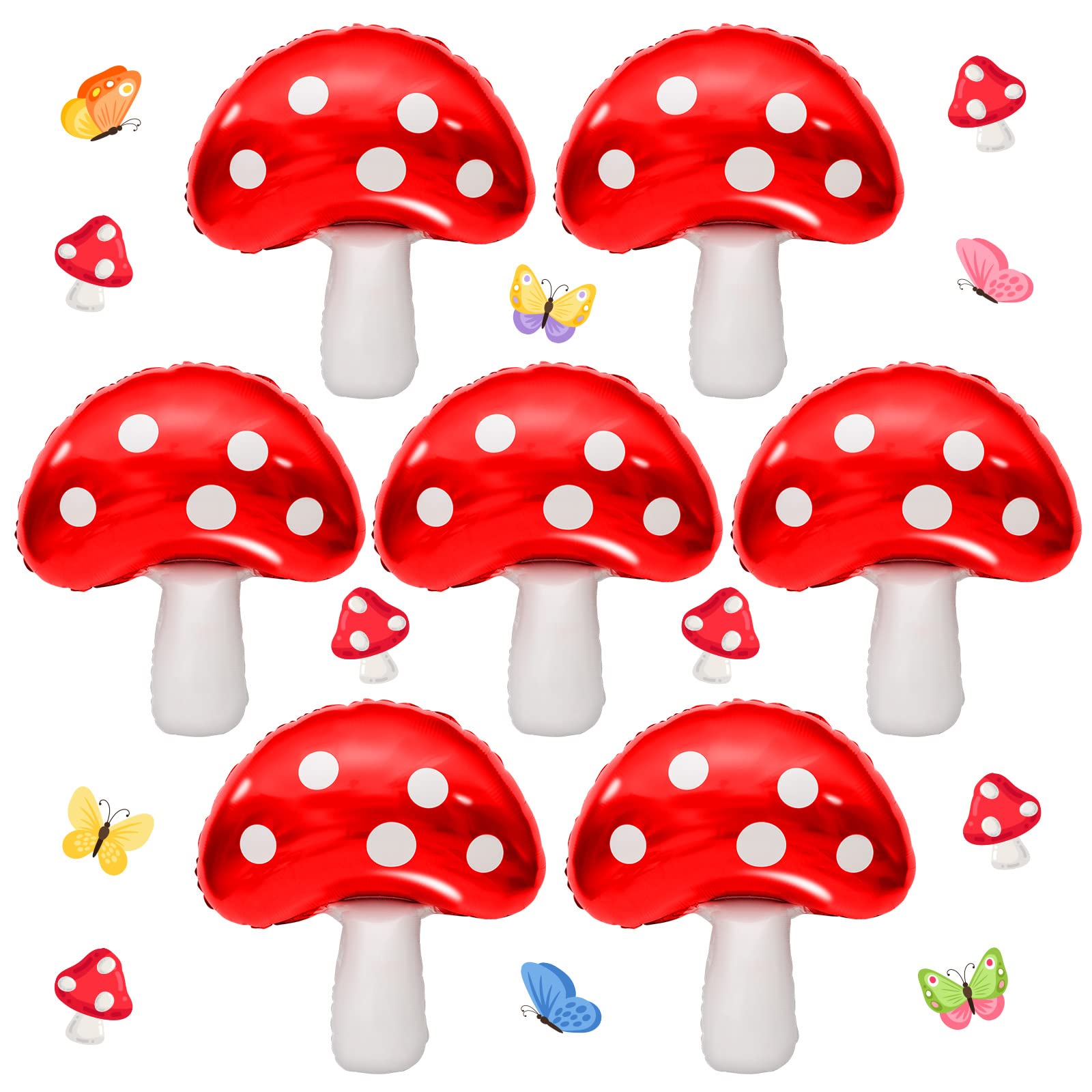 Ospvcwk 7Pcs Cute Mushroom Balloons - 31 x 21 Inch Large Mushroom Aluminum Foil Balloons, Easy to Inflate, Fun Mushroom Birthday Forest Plant Theme Party Decorations Supplies