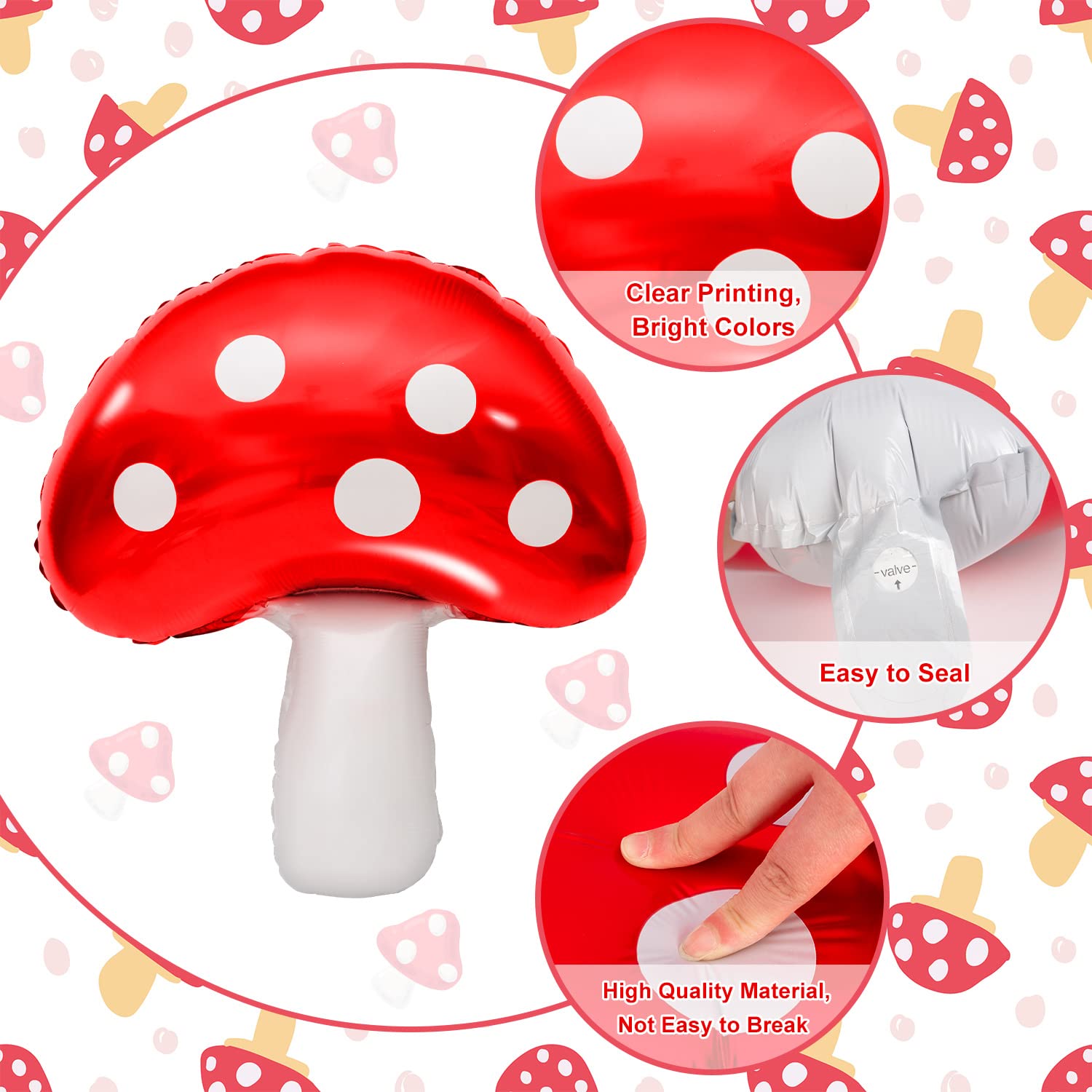 Ospvcwk 7Pcs Cute Mushroom Balloons - 31 x 21 Inch Large Mushroom Aluminum Foil Balloons, Easy to Inflate, Fun Mushroom Birthday Forest Plant Theme Party Decorations Supplies