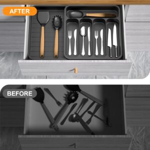 VESKYAO Expandable Silverware Drawer Organizer, 6 Compartment Adjustable Silverware Tray Plastic Kitchen Utensil Organizer Holder