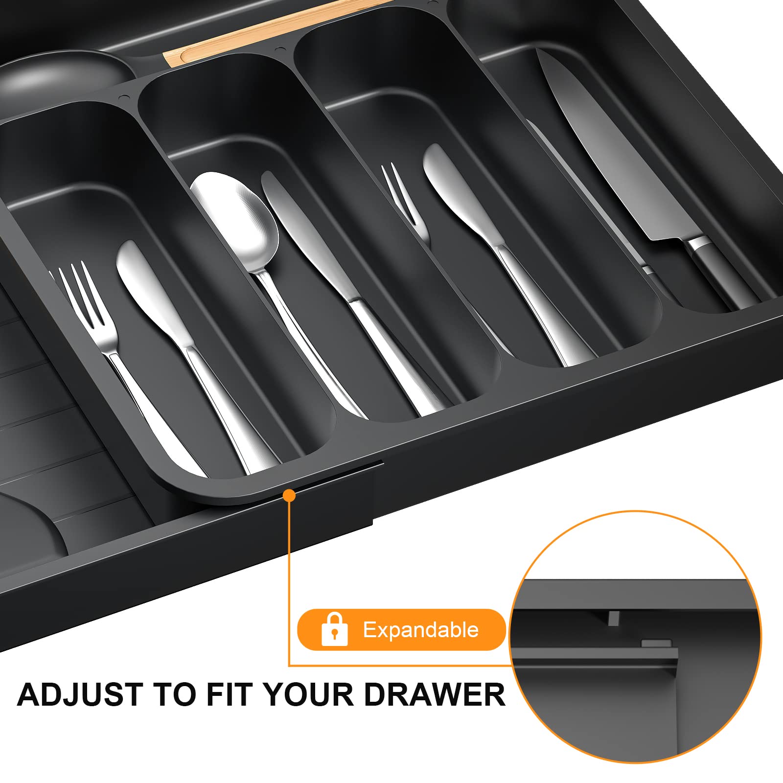 VESKYAO Expandable Silverware Drawer Organizer, 6 Compartment Adjustable Silverware Tray Plastic Kitchen Utensil Organizer Holder