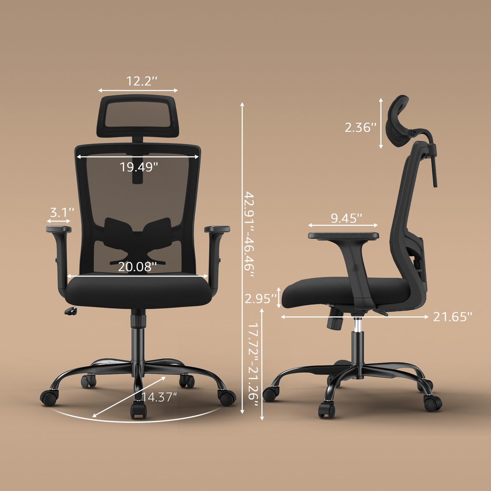 Ergonomic Office Chair, Large Tall Office Chair High Back, Adjustable Headrest with 2D Armrest, Lumbar Support, Swivel Computer Task Chair for Office, Tilt Function