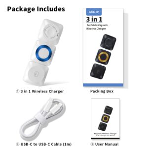 3 in 1 Wireless Charger for iPhone,Portable 3 in 1 Magnetic Wireless Charging Station,Travel Charger for Multiple Devices,for iPhone 15 14 13 Pro Max,AirPods,Apple Watch-White (Adapter not Included)