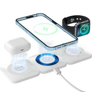 3 in 1 Wireless Charger for iPhone,Portable 3 in 1 Magnetic Wireless Charging Station,Travel Charger for Multiple Devices,for iPhone 15 14 13 Pro Max,AirPods,Apple Watch-White (Adapter not Included)